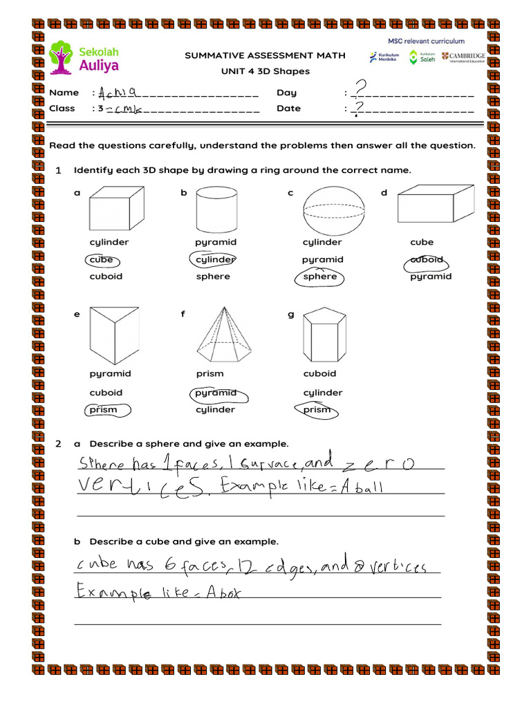 Unit 4 Math Summative Assessment (3D SHAPES) | PDF | Convex Geometry ...