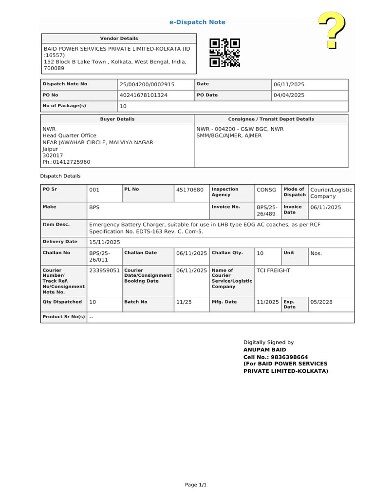 e-Dispatch Note for Emergency Battery Charger | PDF | Service Industries