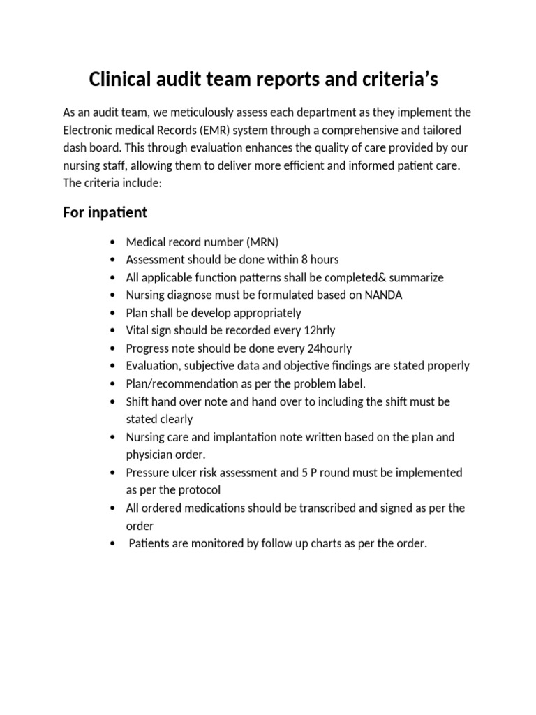 Clinical Audit Team Reports and Criteria | PDF