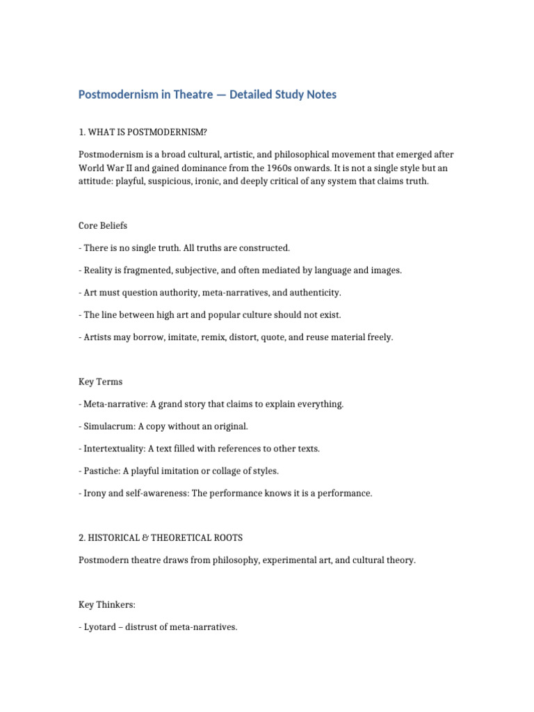 Postmodernism in Theatre Study Guide | PDF | Postmodernism