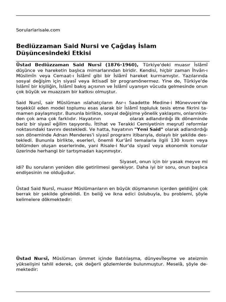 Bediuzzaman Said Nursi Ve Cagdas Slam Dusuncesindeki Etkisi | PDF