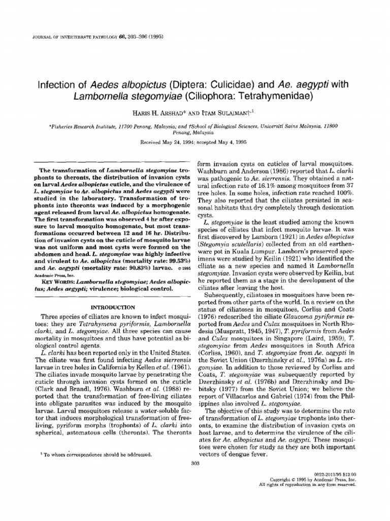Arshad 1995 Infection of Aedes A | PDF