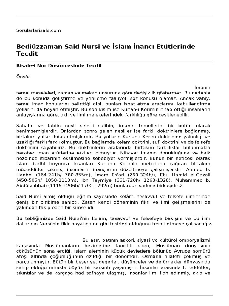 Bediuzzaman Said Nursi Ve Slam Nanci Etutlerinde Tecdit | PDF