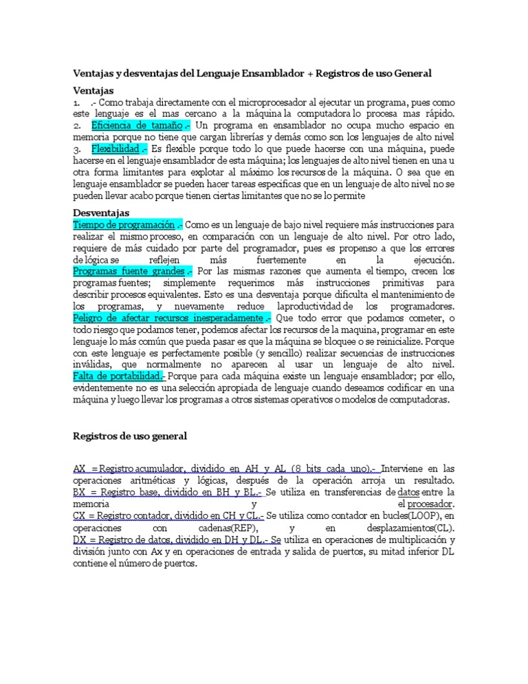 Ventajas y Desventajas del Ensamblador | PDF | Lenguaje ensamblador | Lenguaje de programación
