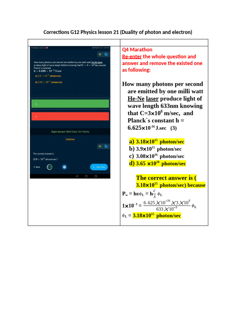 Corrections G12 Physics Lesson 21 (Duality of Photon and Electron) | PDF
