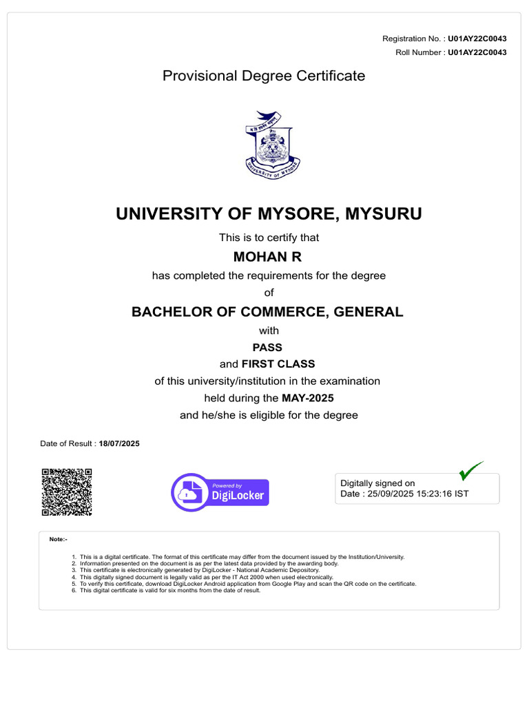 Provisional Degree Certificate - B.Com | PDF