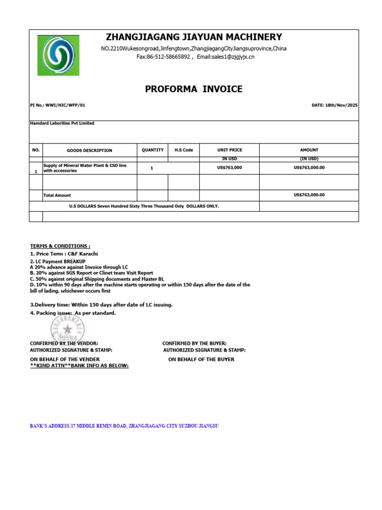 Proforma Invoice for Mineral Water Plant | PDF