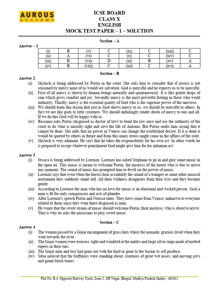 ICSE Mock Test Paper 1 English Solution | PDF | The Merchant Of Venice