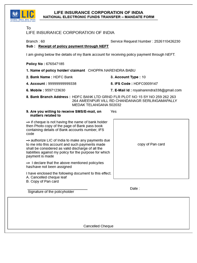 LIC NEFT Mandate Form Instructions | PDF