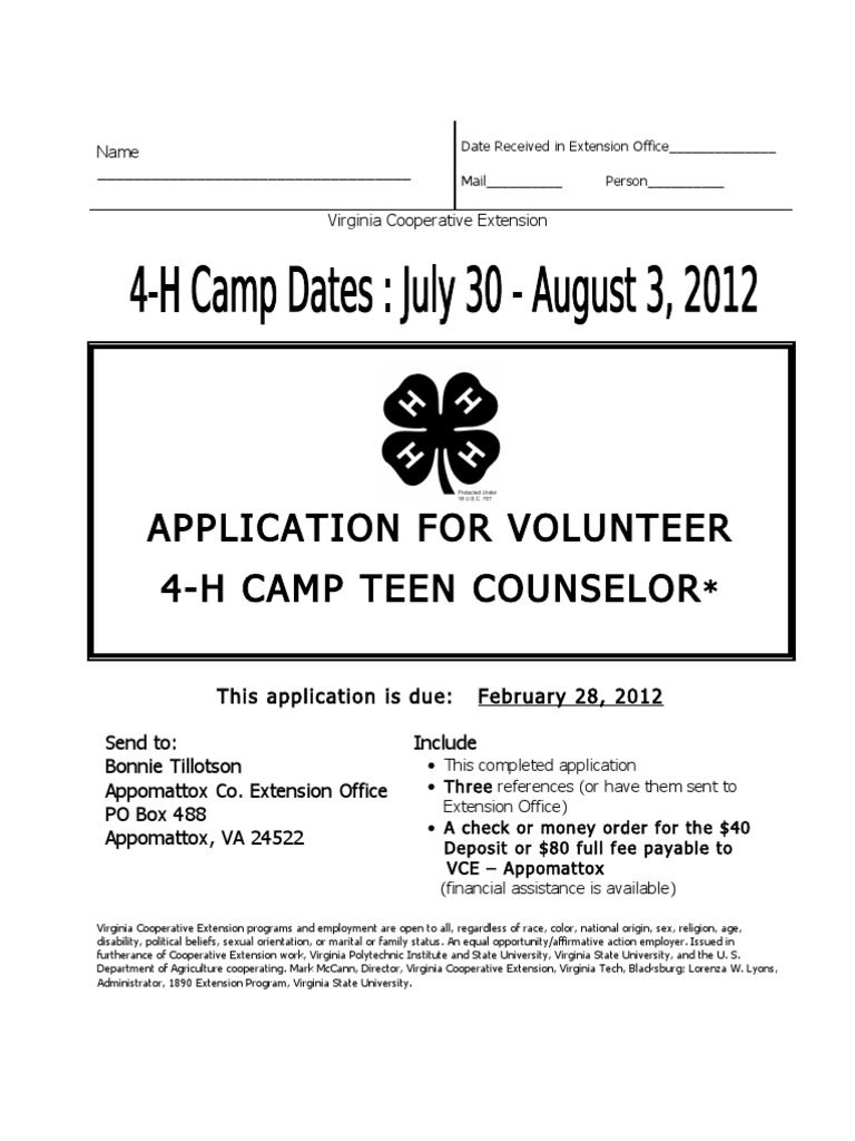 2012 4-H Camp Teen Counselor Application | PDF | Camping | Virginia Tech