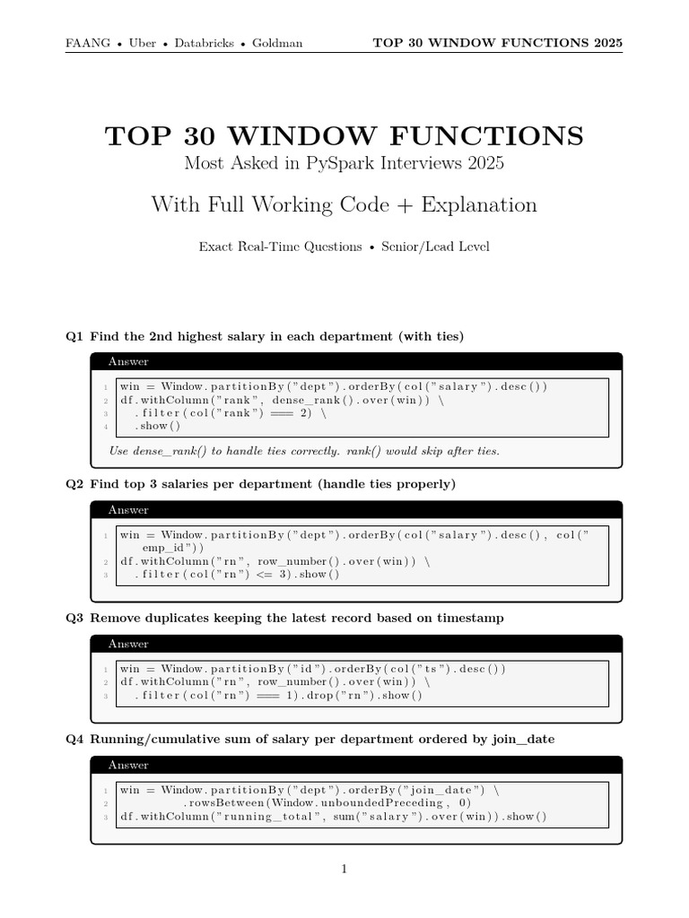 Top 30 PySpark Window Functions 2025 | PDF