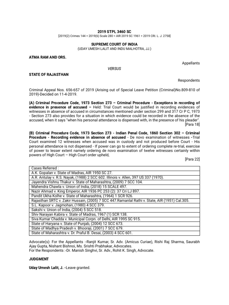 Section 273 - Criminal Procedure - Exceptions in Recording of Evidence ...