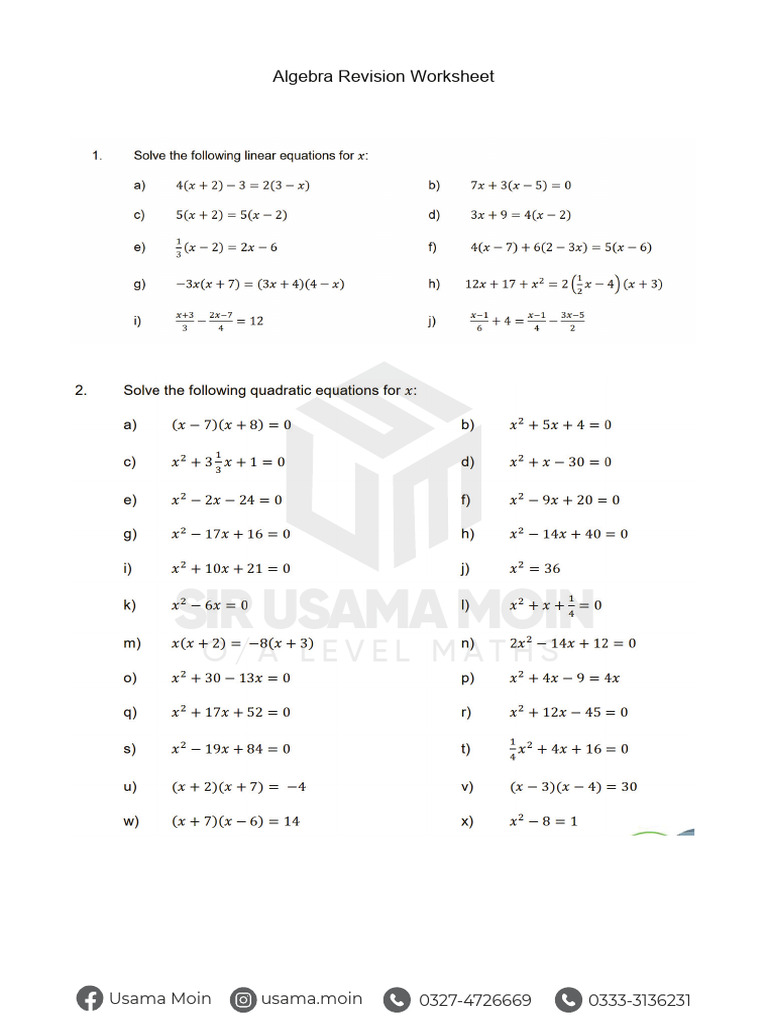 Algebra Worksheet for Grade 9 BKDC A4 | PDF