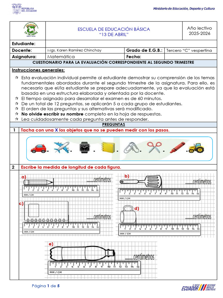 Cuestionario de Matemática 3ro C 2025 II TRIMESTRE 2025 | PDF