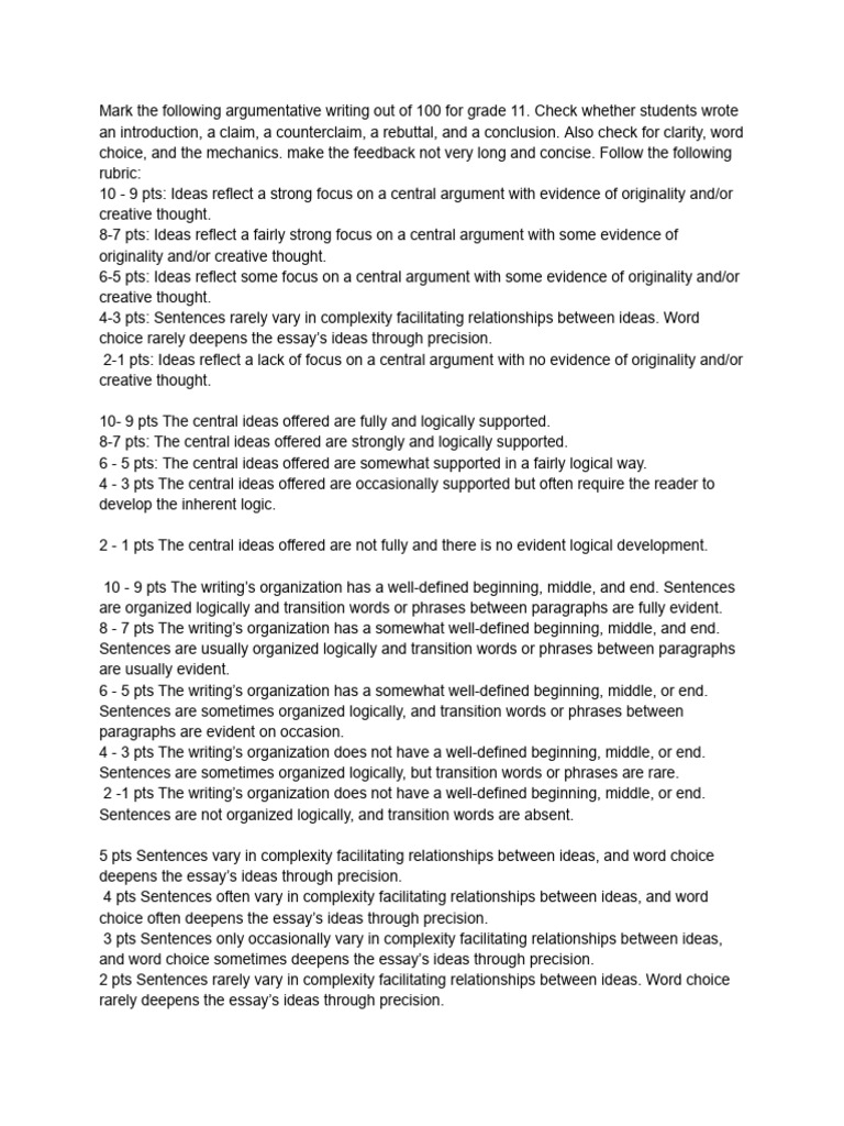 Grade 11 Argumentative Writing Rubric | PDF | Argument | Thought