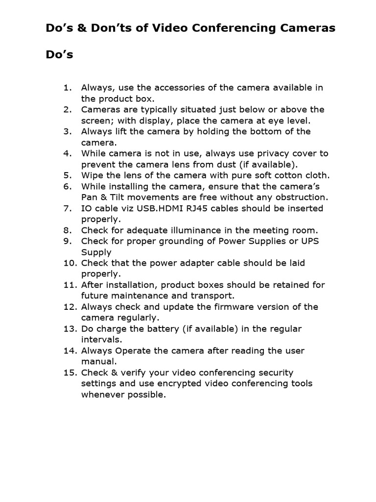 Do's and Don'ts of Video Conferencing Camera | PDF | Camera