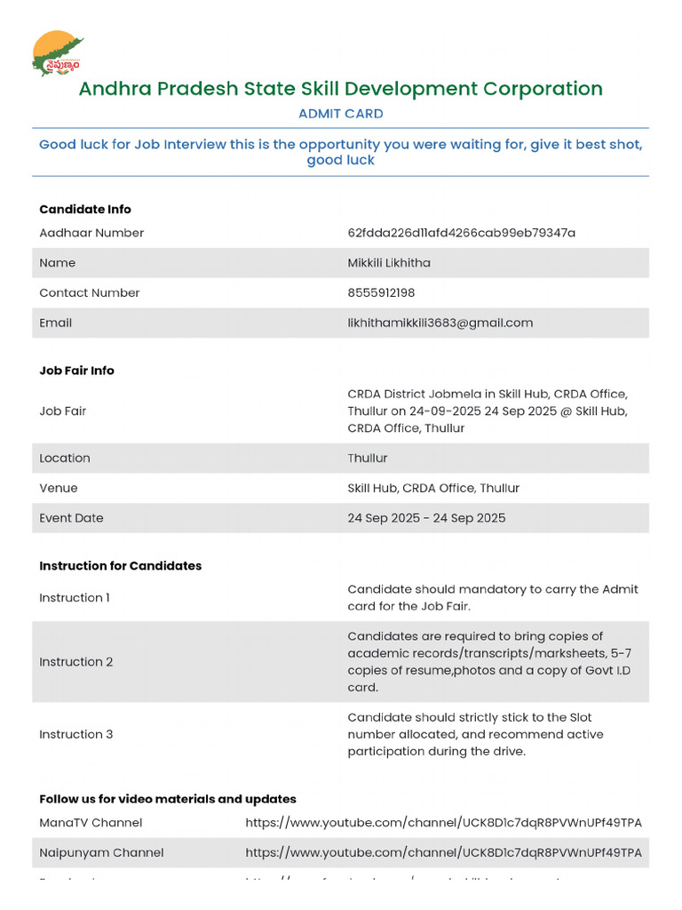 Admit-Card - Jobmela in Skill Hub, CRDA Office, Thullur On 24-09-2025 ...