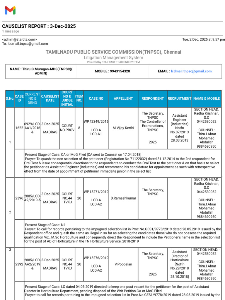 TNPSC Cause List Report - Dec 2025 | PDF | Judiciaries | Legal Procedure