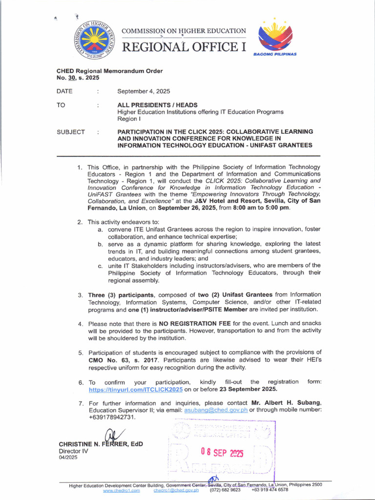 CHED Regional Memorandum Order No. 30 S. 2025 Project CLICK September ...