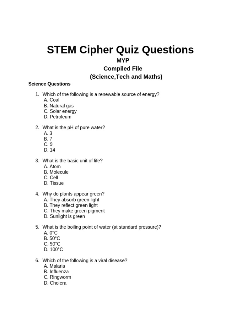 STEM Quiz Questions for MYP Students | PDF | Water | Chemical Substances