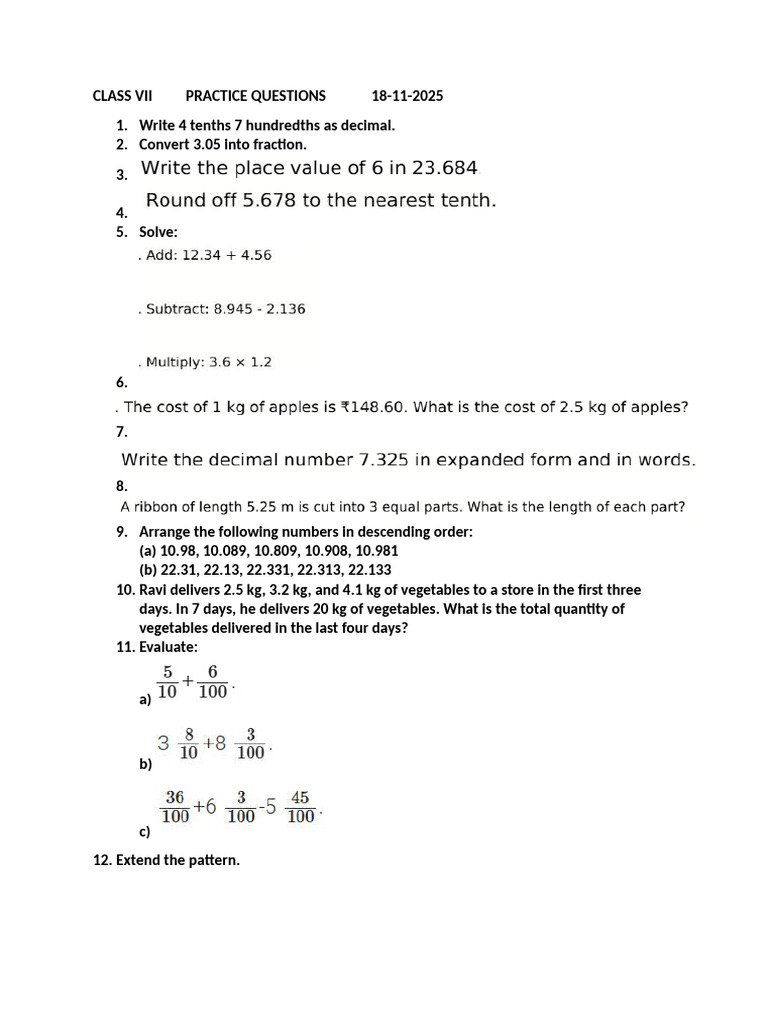 Class Viipractice Questions | PDF | Arithmetic | Mathematics