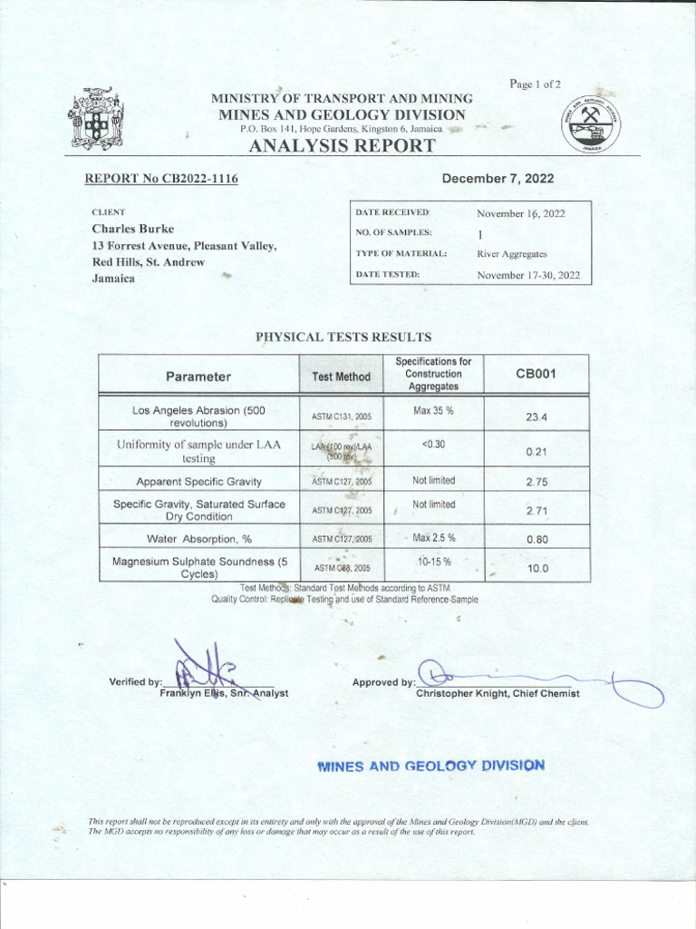 Ministry of MInes and Geology Aggregate Analysis Report | PDF
