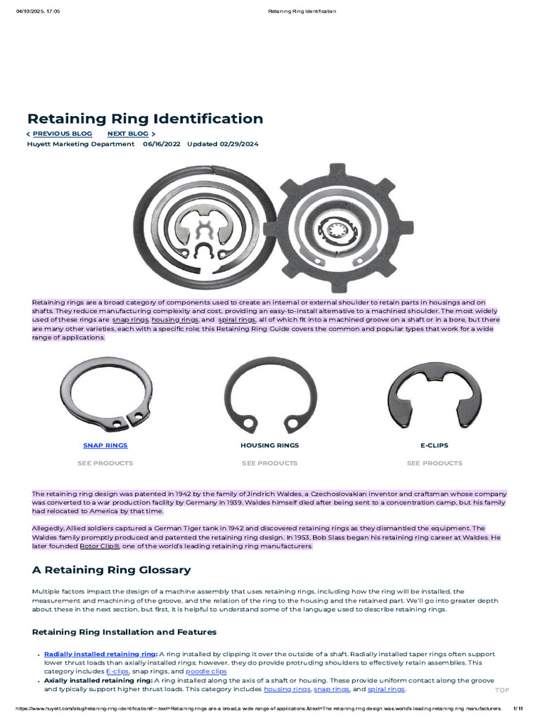 Retaining Ring Identification | PDF