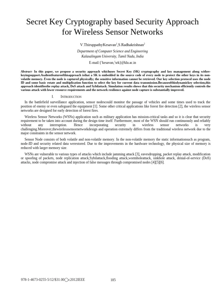 Secret Key Cryptography based Security Approach for Wireless Sensor ...