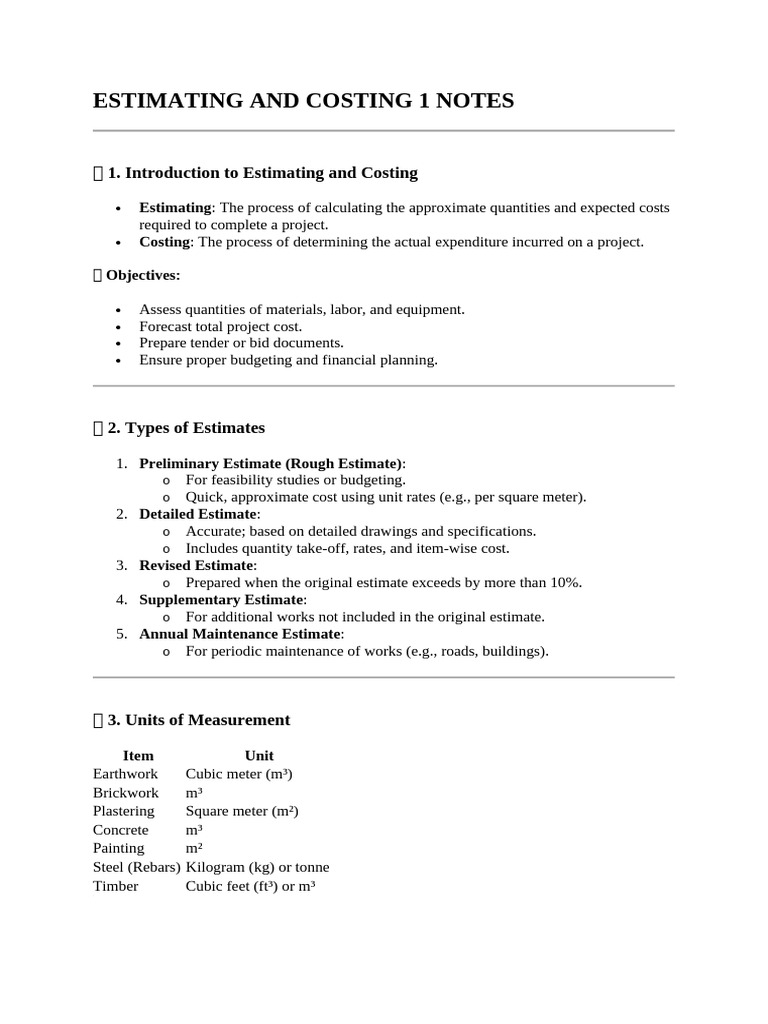 Estimating and Costing Guide Notes | PDF | Budget | Cost