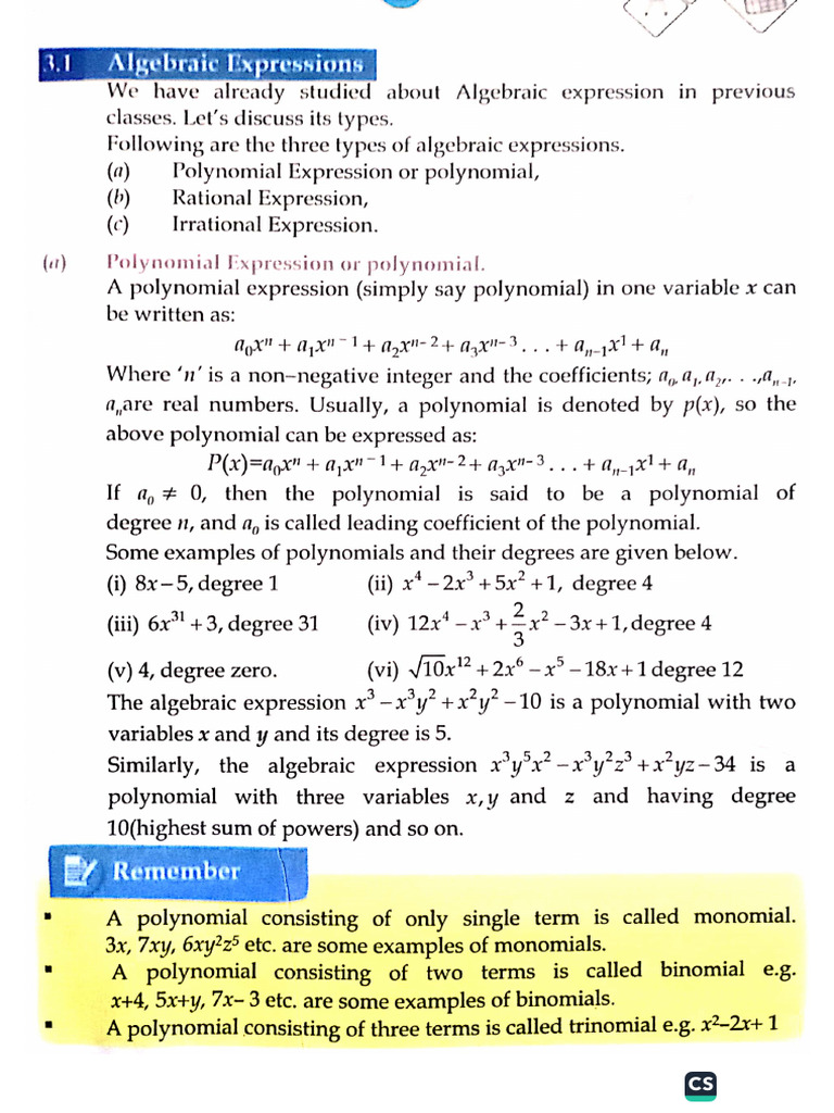 9th Class Lec.1 (Polynomials and Rational Expression) | PDF