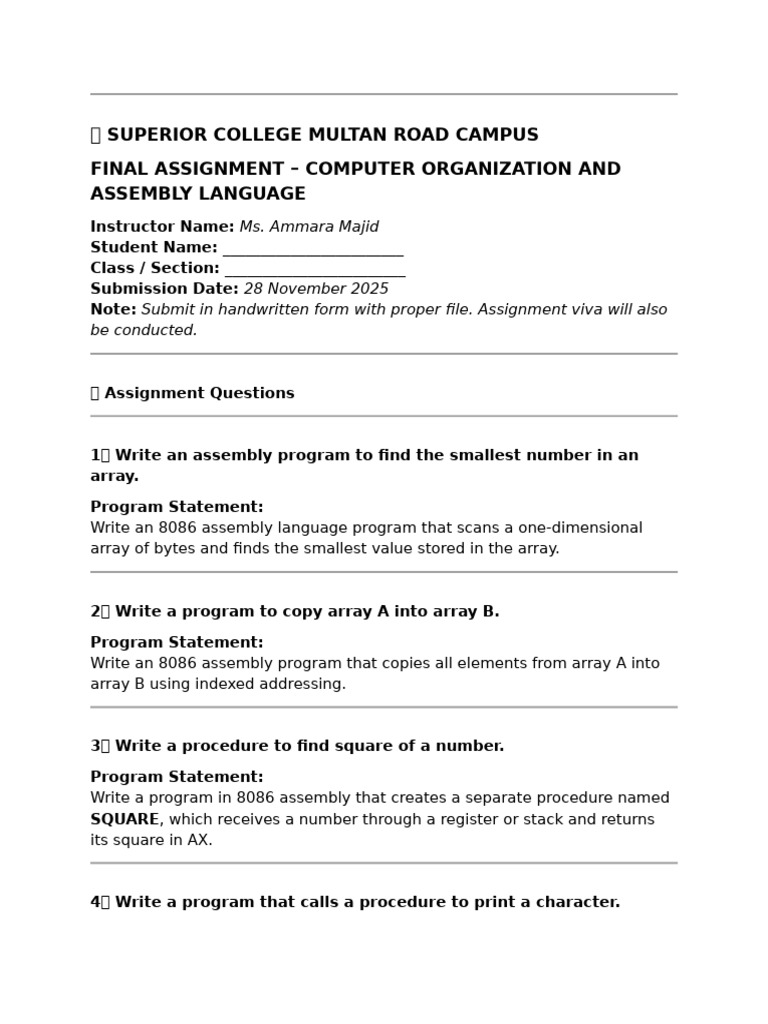8086 Assembly Language Assignment Tasks | PDF
