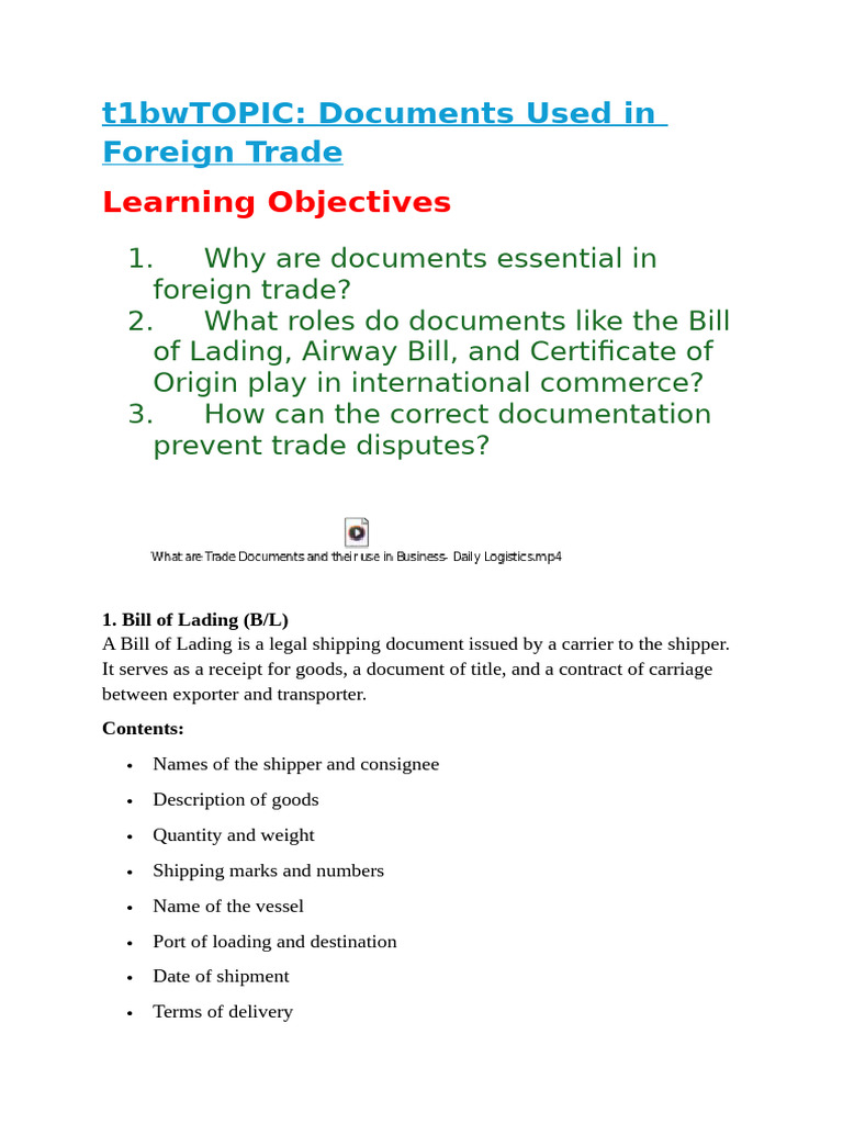 Documents Used in Foreign Trade Team | PDF | Bill Of Lading | Cargo