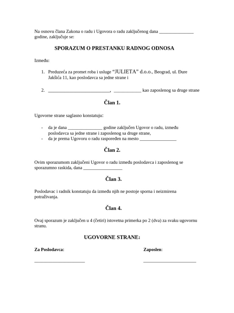 Sporazum o Prestanku Radnog Odnosa | PDF