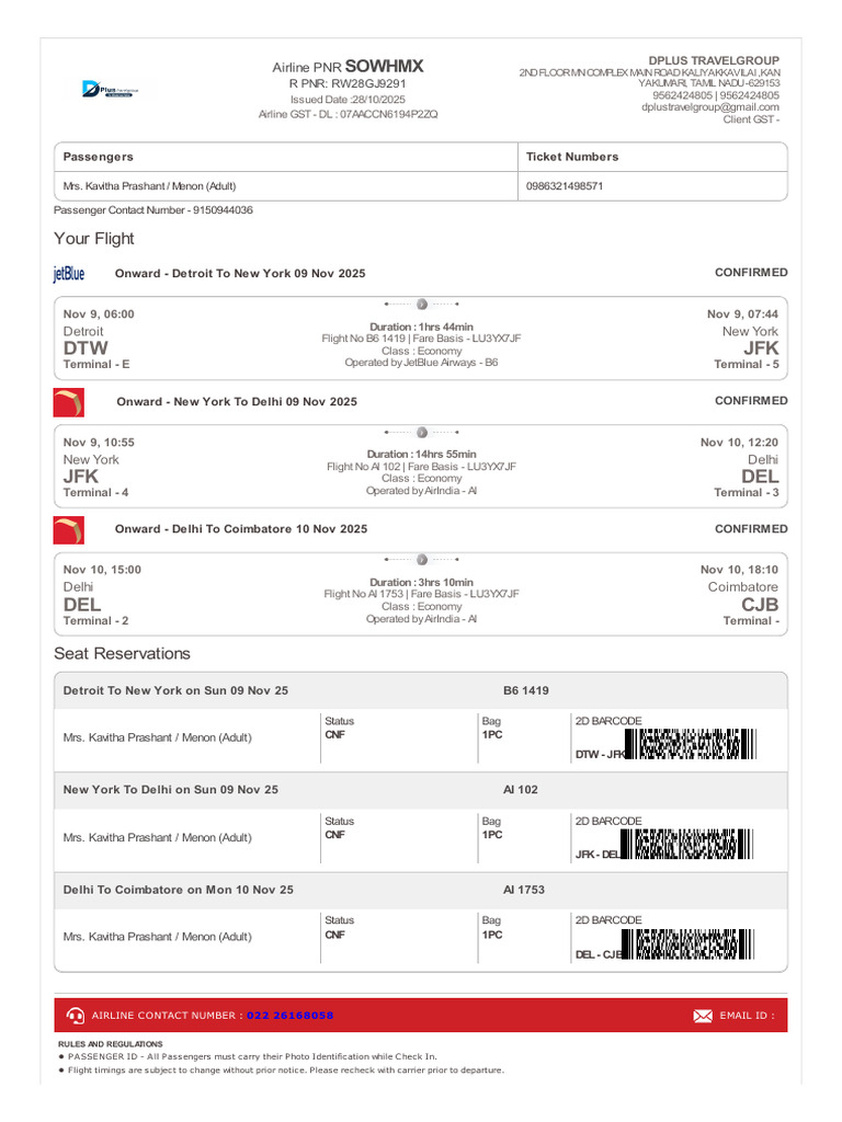 Flight Itinerary for Kavitha Menon | PDF | John F. Kennedy ...