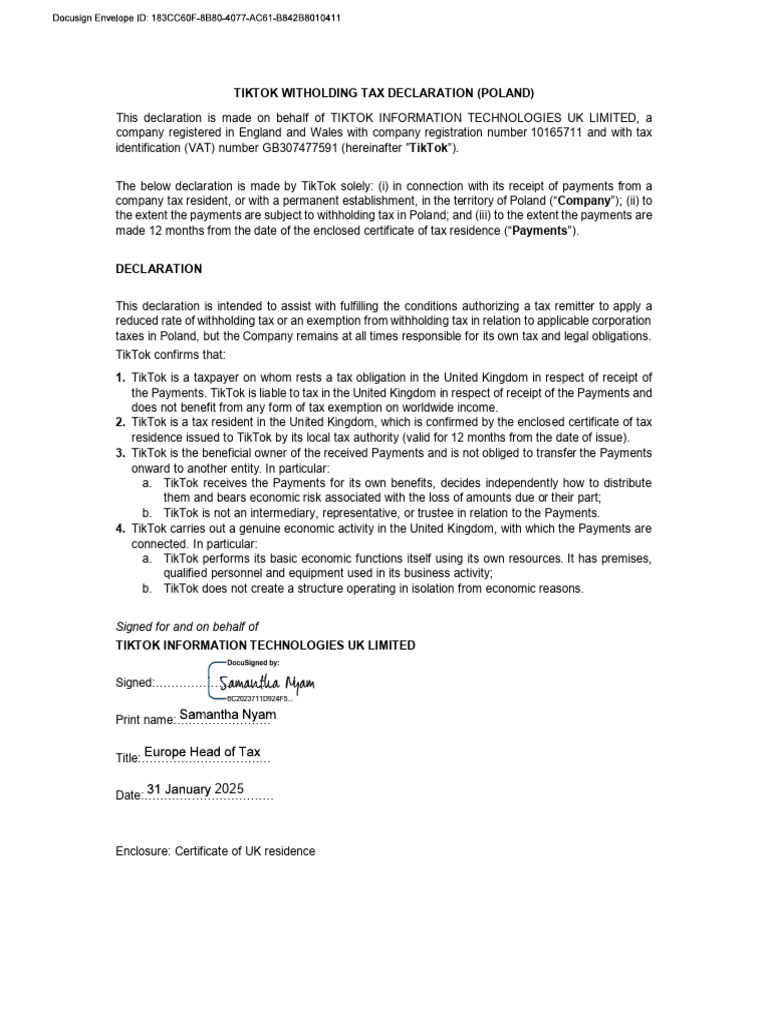 TikTok Withholding Tax Declaration Poland | PDF | Taxes | Business