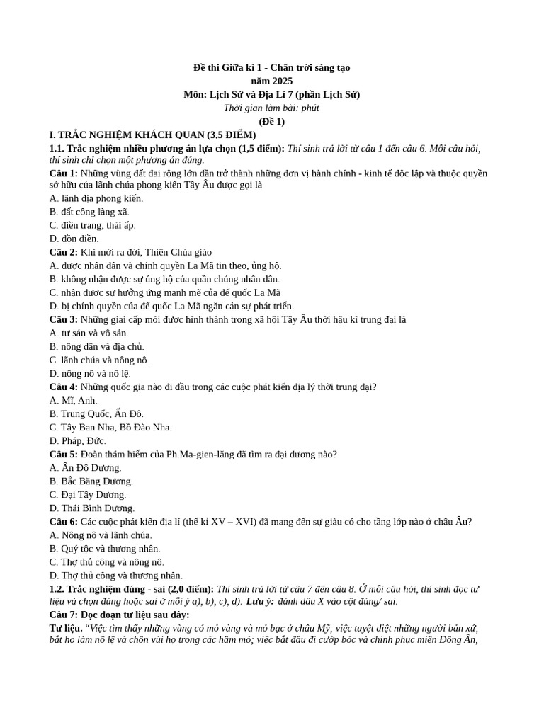Đề Thi Giữa Kì 1 - LSDL | PDF