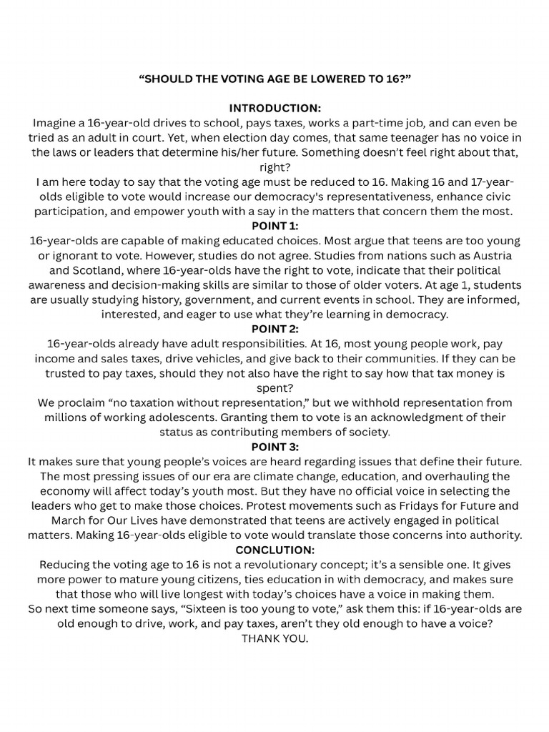 Add A SHOULD The VOTING AGE BE LOWERED To 16" INTRODUCTION Imagine A 16 ...