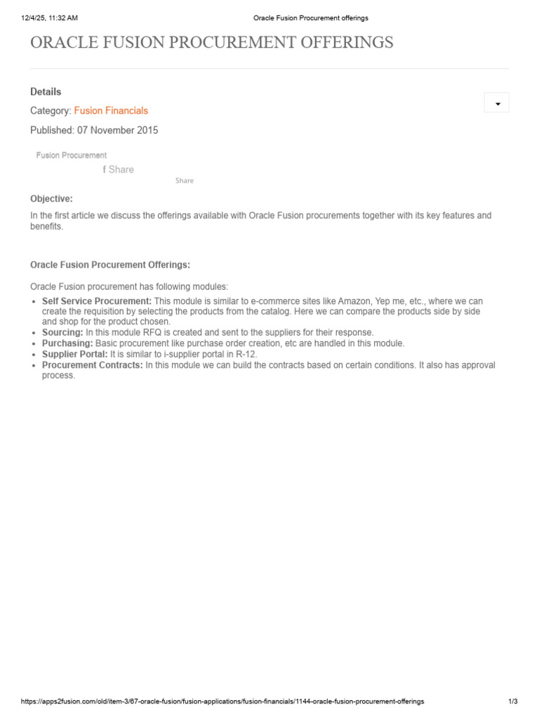 Oracle Fusion Procurement Overview | PDF | Procurement | Supply Chain