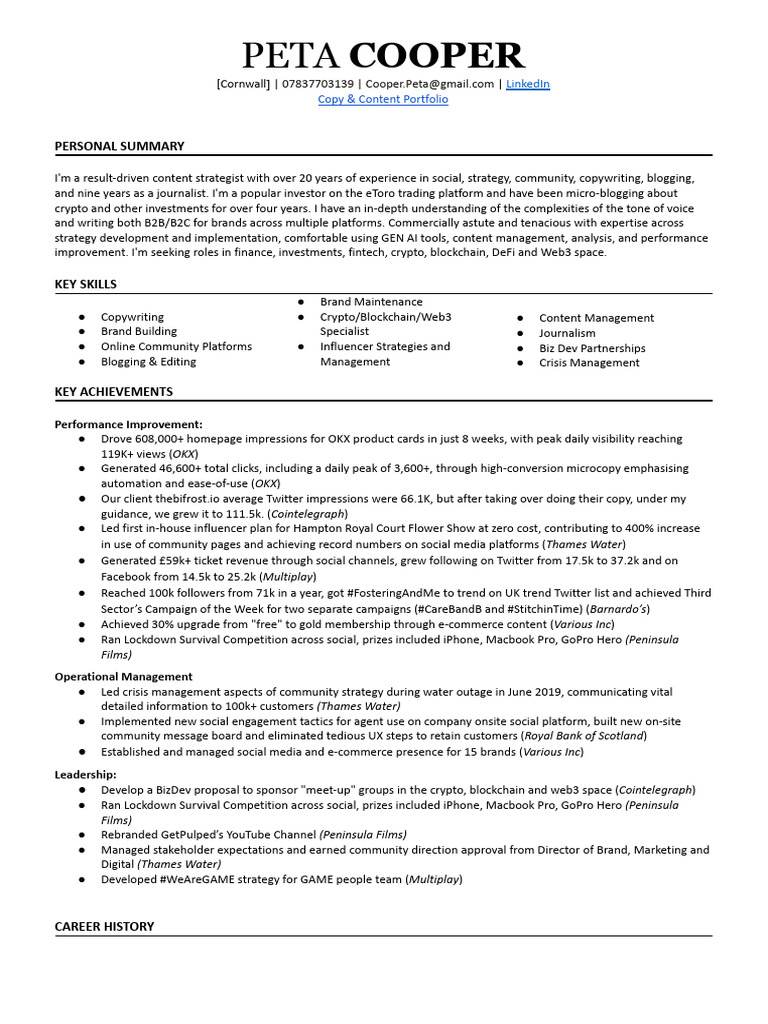 PETA_COOPER_CV_2025 | PDF | Social Media | Popular Culture & Media Studies