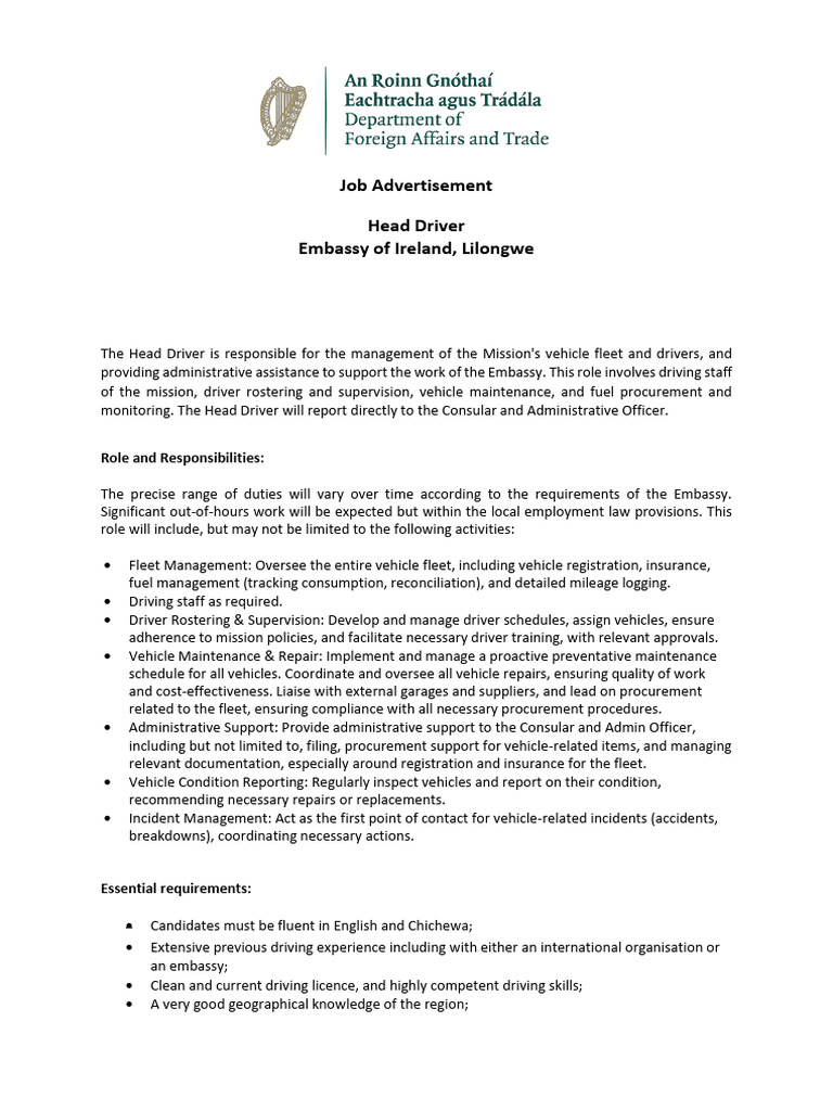 HR Approved Advert - Head Driver - Lilongwe em | PDF | Recruitment ...