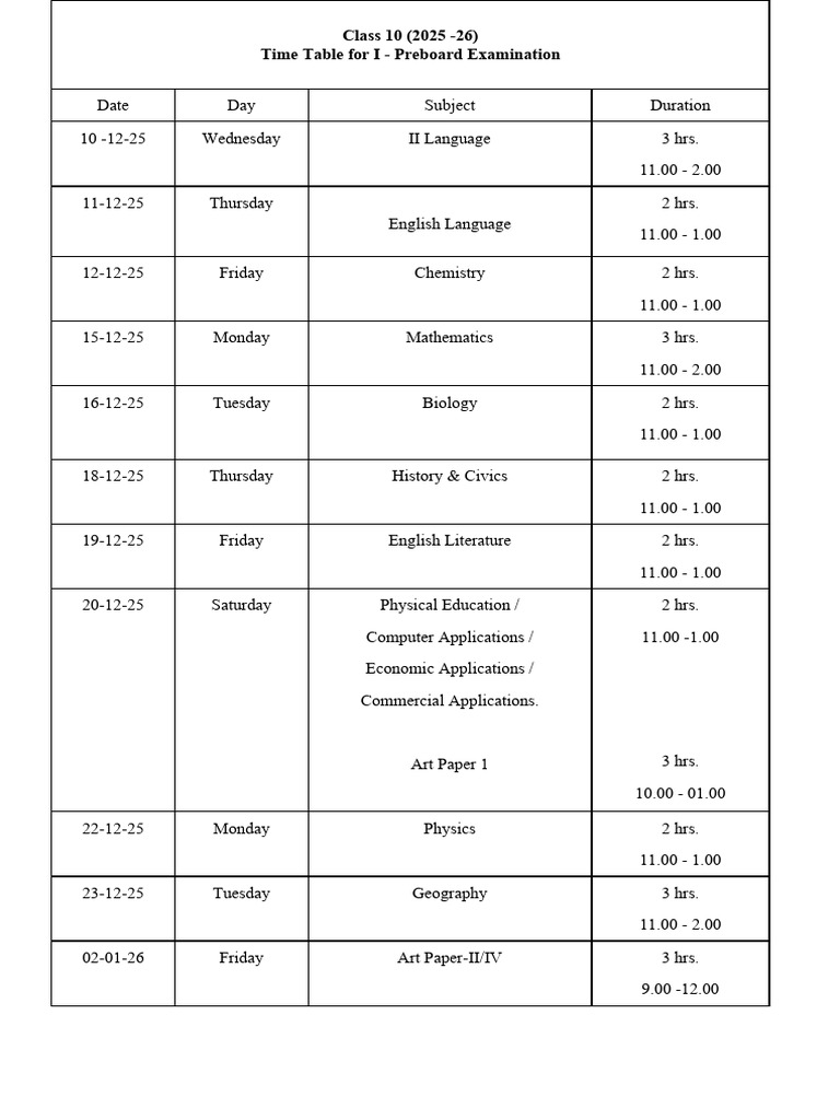 Class 10 Preboard Exam Timetable 2025-26 | PDF