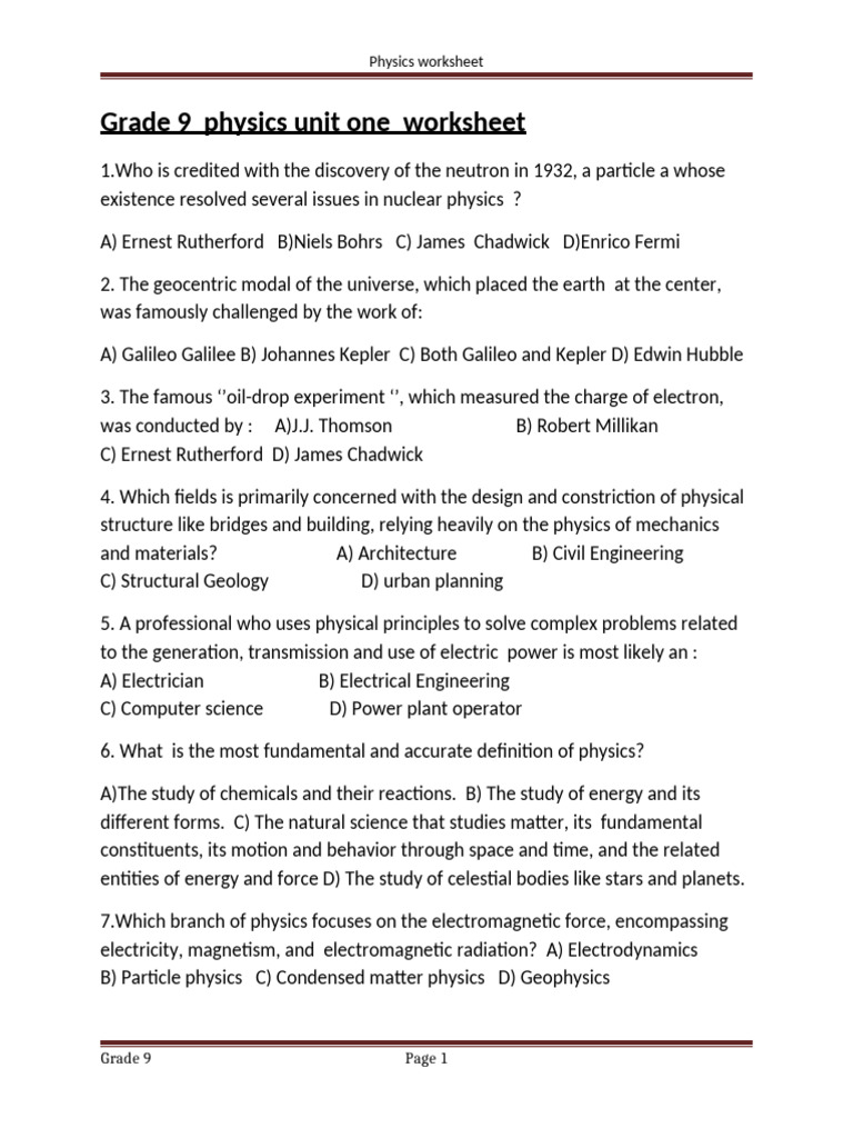 Grade 9 Physics Unit Worksheets | PDF | Physics | Euclidean Vector