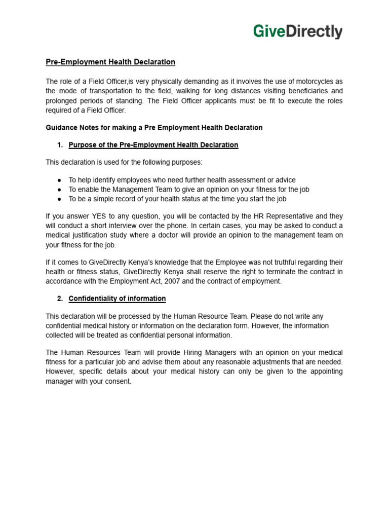 Pre-Employment Health Declaration | PDF | Mental Disorder