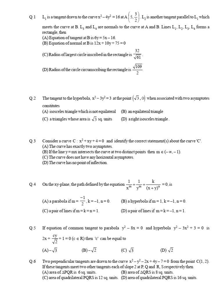 HYPERBOLA SHEET 1 MCQ (BMDP)_022505 | PDF | Ellipse | Tangent