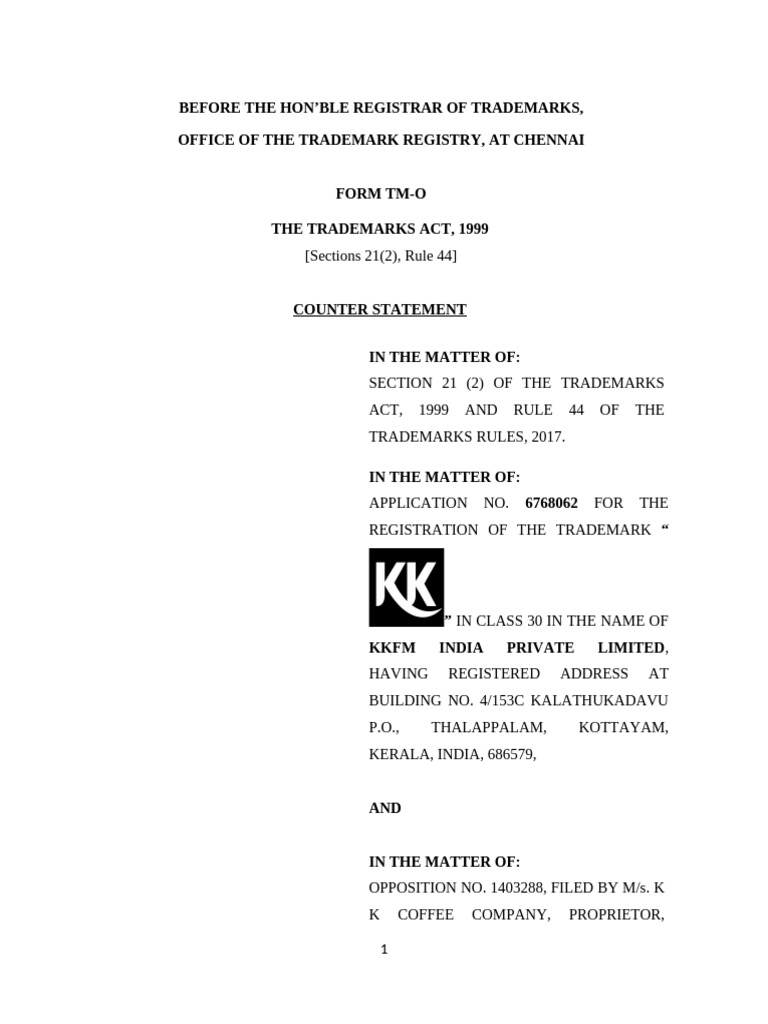 Trademark Opposition Counter Statement | PDF | Trademark | Common Law