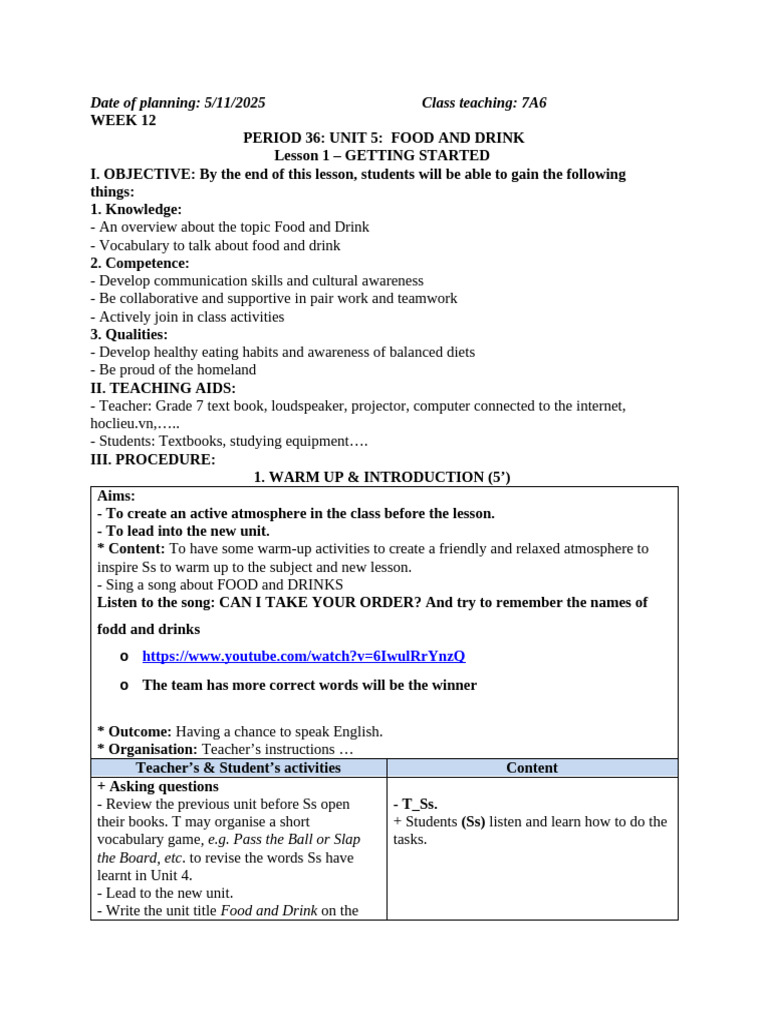 Food and Drink Lesson Plan for 7A6 | PDF | Vocabulary | Teachers