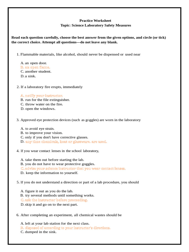 Science Lab Safety Practice Quiz | PDF | Laboratories | Glasses