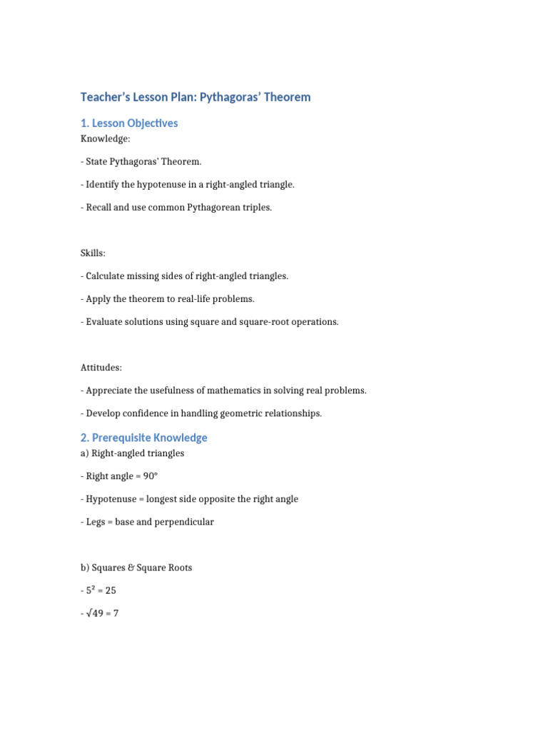 Pythagoras' Theorem Lesson Plan | PDF