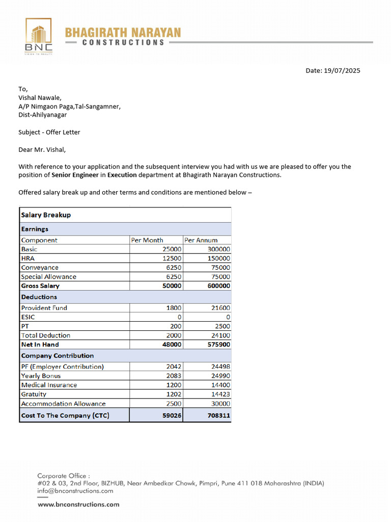 Senior Engineer Offer Letter Template | PDF