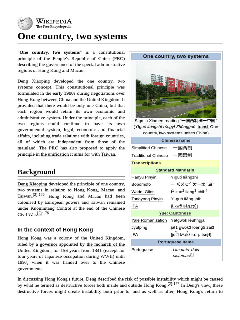One Country, Two Systems | PDF | Special Administrative Regions Of ...